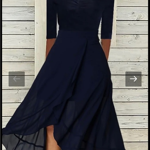 Crigne | Dresses | Navy Blue Ruched Vneck Asymmetrical Midi Dress ...